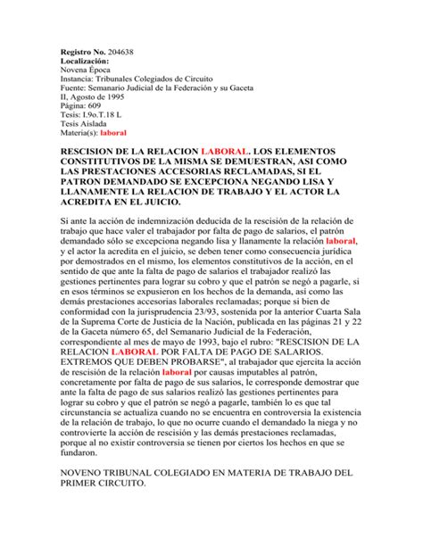 Rescision De La Relacion Laboral Los Elementos Constitutivos De La