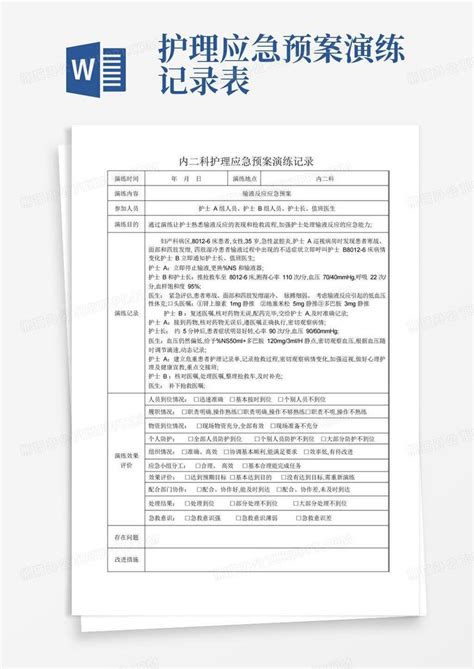 护理应急预案演练记录表Word模板下载 编号lxpxebdg 熊猫办公