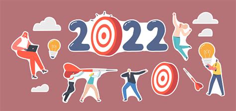 스티커 의 세트 2022 새해 목표 계획 및 아이디어 캐릭터는 다트를 대상에 던져 사무실을 작업하는 프로젝트 개발 스티커에 대한