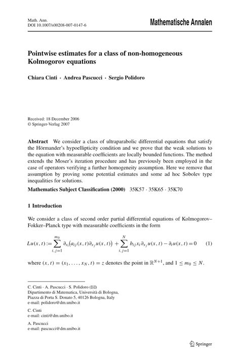 Pdf Pointwise Estimates For A Class Of Non Homogeneous Kolmogorov Equations