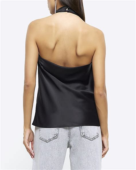 Black Satin Halter Neck Top River Island