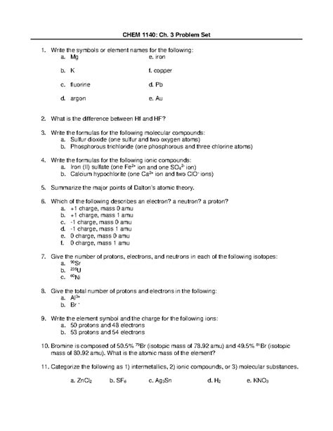 Chapter 3 Atomic Theory Problem Set CHEM 1140 Ch 3 Problem Set 1 Write The Symbols Or