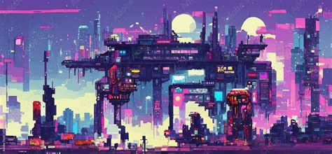 ilustrace „cyberpunk city night retro futuristic pixel art composition