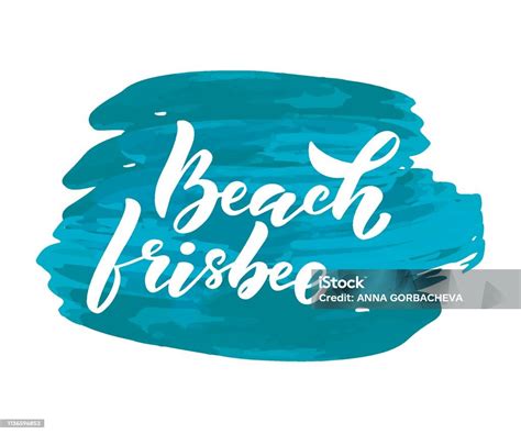 비치 프리 스 비 손 레터링 로고입니다 디자인 인쇄 티셔츠 모자 포스터 배너 전단지 해변 애니메이션 파란색 수채화 배경에 벡터 일러스트 레이 션 플라스틱 원반에 대한 스톡