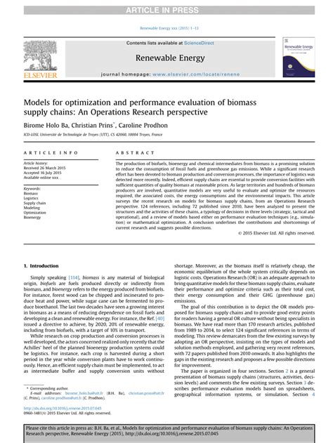 Pdf Models For Optimization And Performance Evaluation Of Biomass Supply Chains An Operations