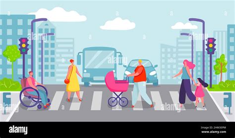 Group Of People Crossing City Road Characters Going On Crosswalk Man