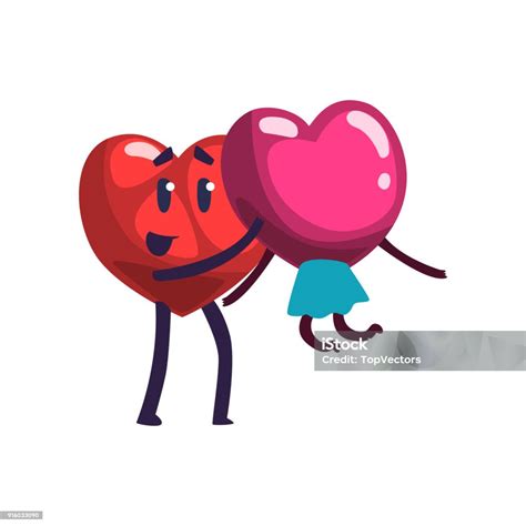 귀여운 레드 심장 들고 여자 친구 사랑 문자에서 재미 있는 커플 해피 발렌타인 데이 개념 만화 벡터 일러스트 레이 션 개념에