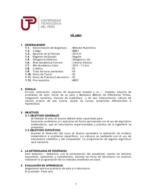 Mn01 Silabo Metodos Numericos Pdf 5 Pdf Análisis Numérico Ecuaciones