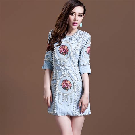 2014新款女式连衣裙 欧美高端大牌订珠绣花复古牛仔绣花包臀a字裙乡音袅烟