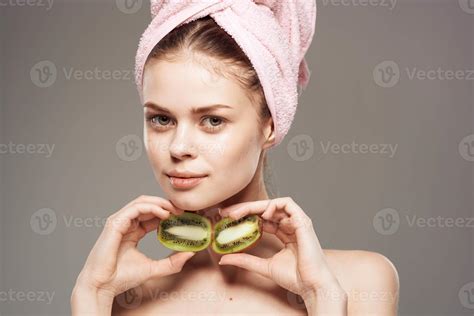 Beautiful Woman Naked Shoulders Spa Treatments Kiwi In Hands Natural