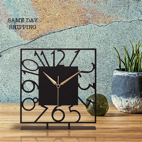 Square Retro Analog Clock Black Metal Tabletop Clock Silent Battery