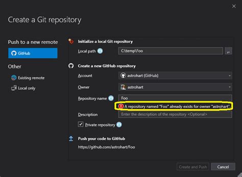 A Repository Named Foo Already Exists For Owner Mygithubuser But