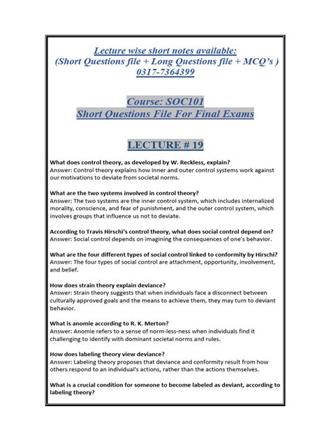 Soc101 Lecture Wise Short Questions File Pdf Deviance Sociology Gender