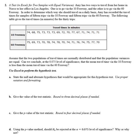 Solved T Test In Excel For Two Samples With Equal Chegg Com