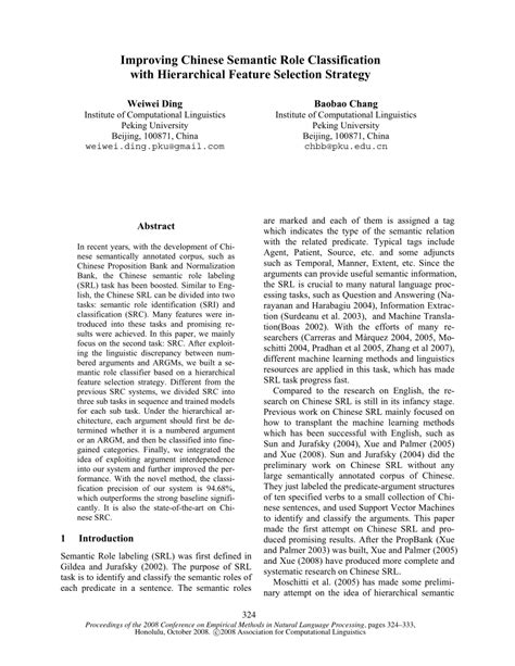 Pdf Improving Chinese Semantic Role Classification With Hierarchical Feature Selection Strategy