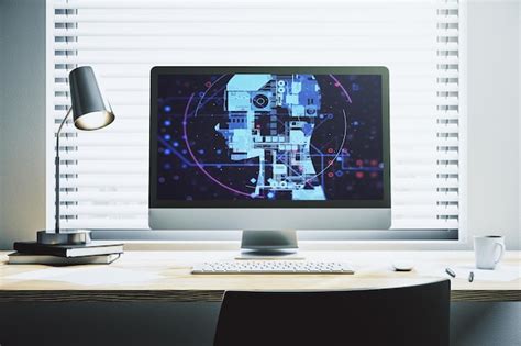 창의적인 인공 지능 기호 신경망 및 기계 학습 개념 3d 렌더링이 있는 현대적인 컴퓨터 모니터 프리미엄 사진