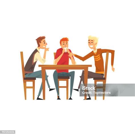 좋은 시간을 보내고 남자의 그룹 카페에서 이야기 하는 남성 친구 가장 친한 친구 개념 벡터 일러스트 긍정적인 감정 표현에 대한 스톡 벡터 아트 및 기타 이미지 Istock