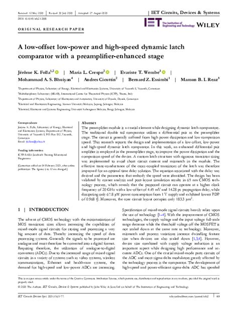 Pdf A Low Offset Low Power And High Speed Dynamic Latch Comparator