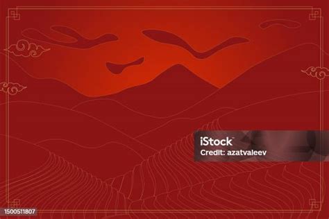 붉은 석양 포스터의 논 산 풍경에 중국 농업 테라스입니다 논이 있는 시골 농지 풍경 계단식 차 재배 농장 아시아 농업 초원 배경 차 작물에 대한 스톡 벡터 아트 및 기타