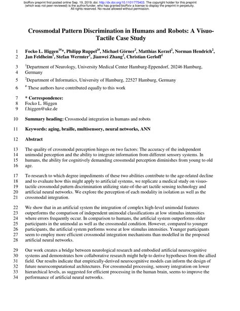 PDF Crossmodal Pattern Discrimination In Humans And Robots A Visuo Tactile Case Study