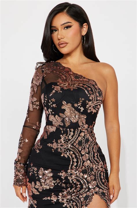 All Nighter Long Sleeve Sequin Gown Blackrose Gold Fashion Nova