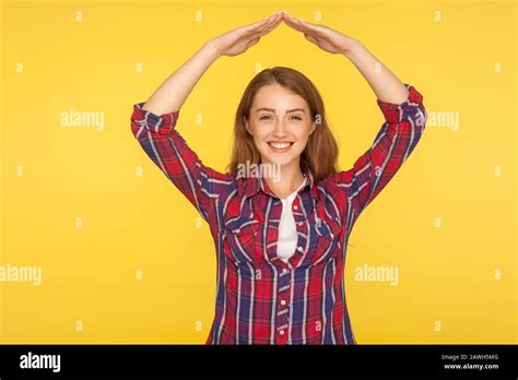 I Feel Safe Portrait Of Happy Secured Ginger Girl In Checkered Shirt