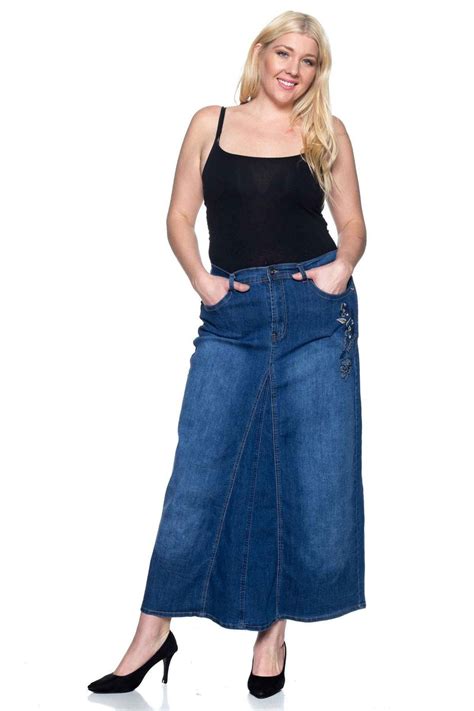 Womens Plus Size Mid Rise A Line Long Jeans Maxi Denim Embroidered