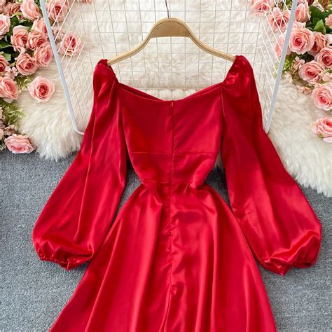Autumn Vintage Solid Slim Lady Full Dress A Line Square Collar Puff Sleeve Chiffon Single