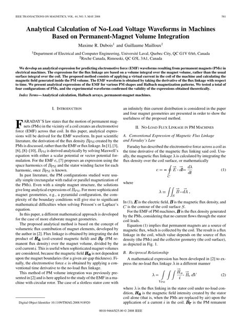 Pdf Analytical Calculation Of No Load Voltage Waveforms In Machines