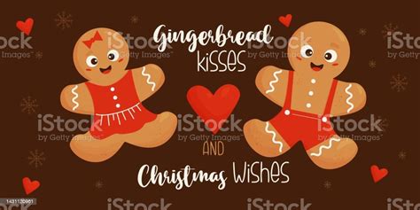 크리스마스 진저 브레드의 귀여운 커플 마음과 멋진 비문을 가진 남자와 소녀 진저 브레드 키스와 크리스마스 소원 새해 디자인 장식 인쇄 및 엽서를위한 벡터 일러스트레이션 12