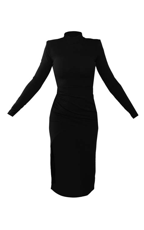 Black Crepe High Neck Split Sleeve Midi Dress Dresses Plt Uae