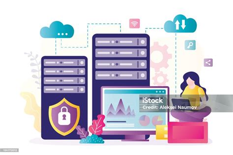 클라우드 기술 컨셉 배너 원격 서버에서 정보를 업로드하고 다운로드하는 여성 사용자 서버가 있는 데이터 센터 정보의 안전한 저장 테크놀로지에 대한 스톡 벡터 아트 및 기타