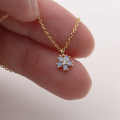 Dainty Opal Necklace Very Tiny Opal Flower Cz Necklace Blue Opal