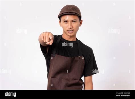 Handsome Barista Asian Man Wearing Brown Apron And Black T Shirt