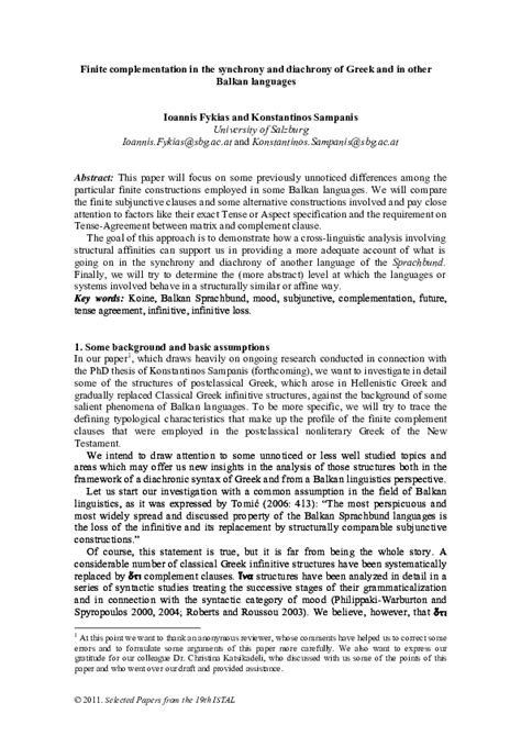 Pdf Finite Complementation In The Synchrony And Diachrony Of Greek