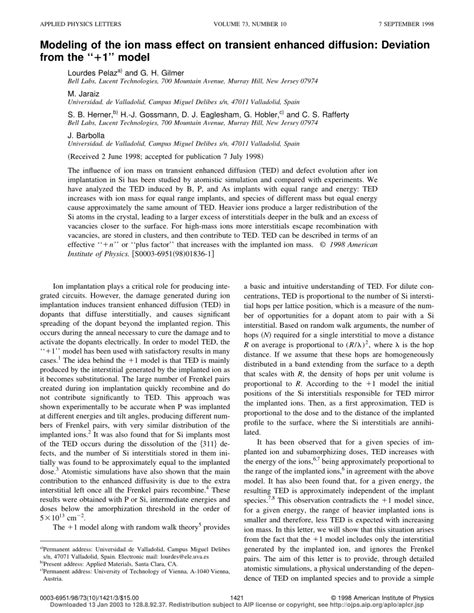 Pdf Modeling Of The Ion Mass Effect On Transient Enhanced Diffusion Deviation From The 1” Model