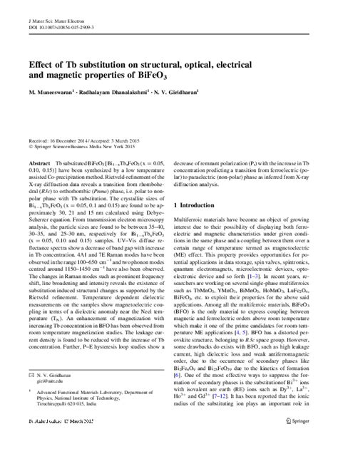 Pdf Effect Of Tb Substitution On Structural Optical Electrical And Magnetic Properties Of Bifeo3