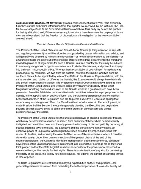 George Masons Objections To The New Constitution Pdf United States