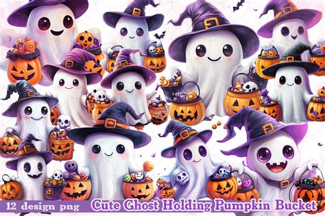 Cute Ghost Holding Pumpkin Bucket Graphic By Mfreem · Creative Fabrica