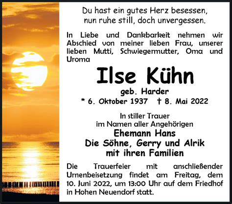 Traueranzeigen von Ilse Kühn Märkische Onlinezeitung Trauerportal