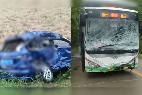 广东连州一小轿车与公交车发生碰撞致2死1伤 监控拍下相撞瞬间 碰撞 监控 连州
