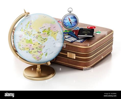 Modèle Globe Boussole Passeports Billets Sur La Valise 3d