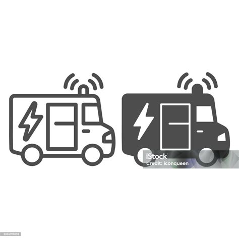 전기 실험실 자동차 라인 및 솔리드 아이콘 전기 서비스 개념 벡터 그래픽입니다 흰색 배경에 번개와 사이렌 기호가 있는 차량 모바일 또는 웹 디자인을 위한 개요 스타일 아이콘