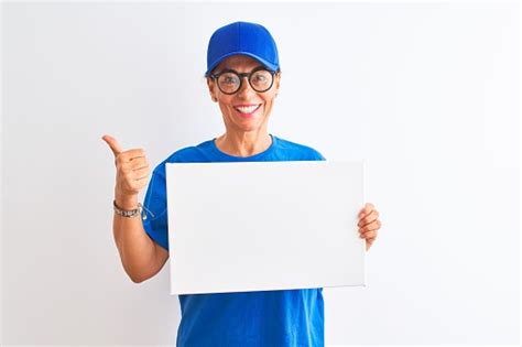 상급 배달원 모자와 안경을 쓰고 고립된 흰색 배경 위에 배너를 들고 행복한 얼굴미소를 지으며 엄지손가락으로 옆구리를 가리키고
