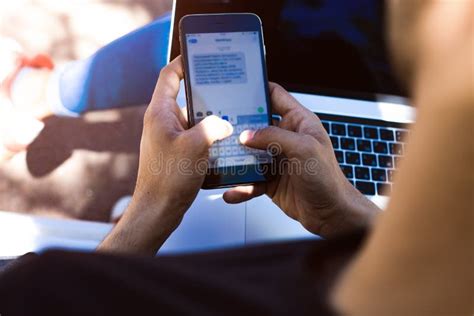 Hipster Guy Typing Text On Smartphone During Online Learning On Netbook Stock Image Image Of