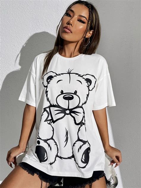 Shein X Honeychix Bear Print Drop Shoulder Tee Drop Shoulder Tee