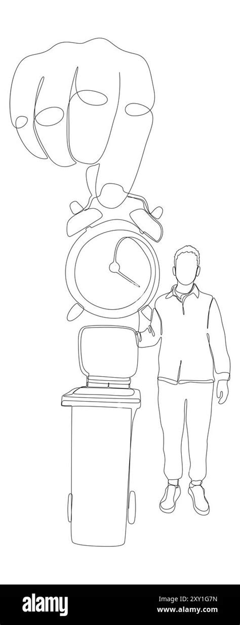 One Continuous Line Of Alarm Clock And Man With Garbage Bin Thin Line Illustration Vector