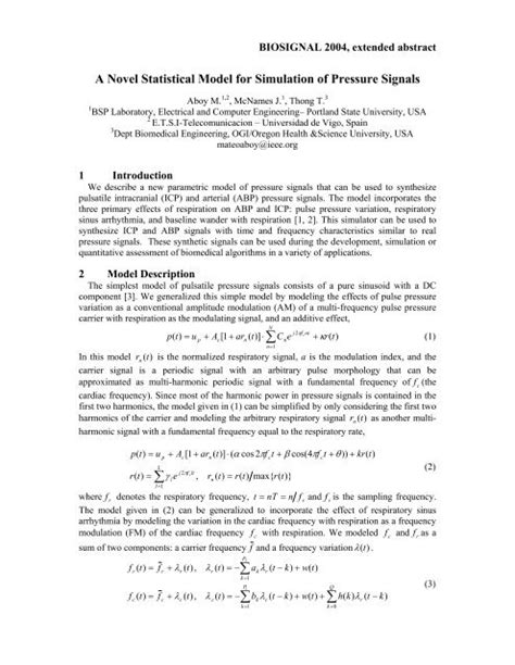 A Novel Statistical Model For Simulation Of Pressure Signals