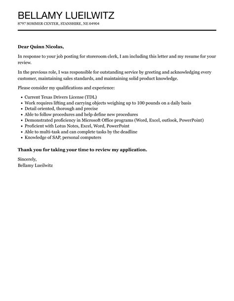 Storeroom Clerk Cover Letter Velvet Jobs