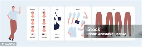 캐릭터 Diy 키트 벡터 평면 디자인 사람들 일러스트레이션 맨 생성자 요소 집합입니다 다양한 감정 머리카락 피부 톤 배낭 장치 손과 다리를 가진 젊은 남성 사무실 또는 학생